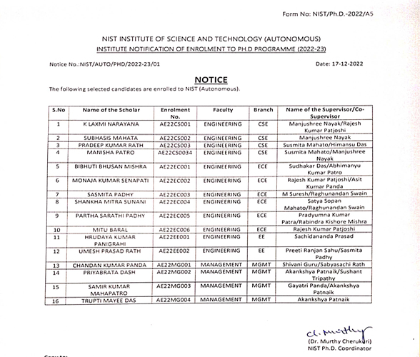 Institute Notification of Enrolment to Ph.D (2022-23) Program 2022-2023
